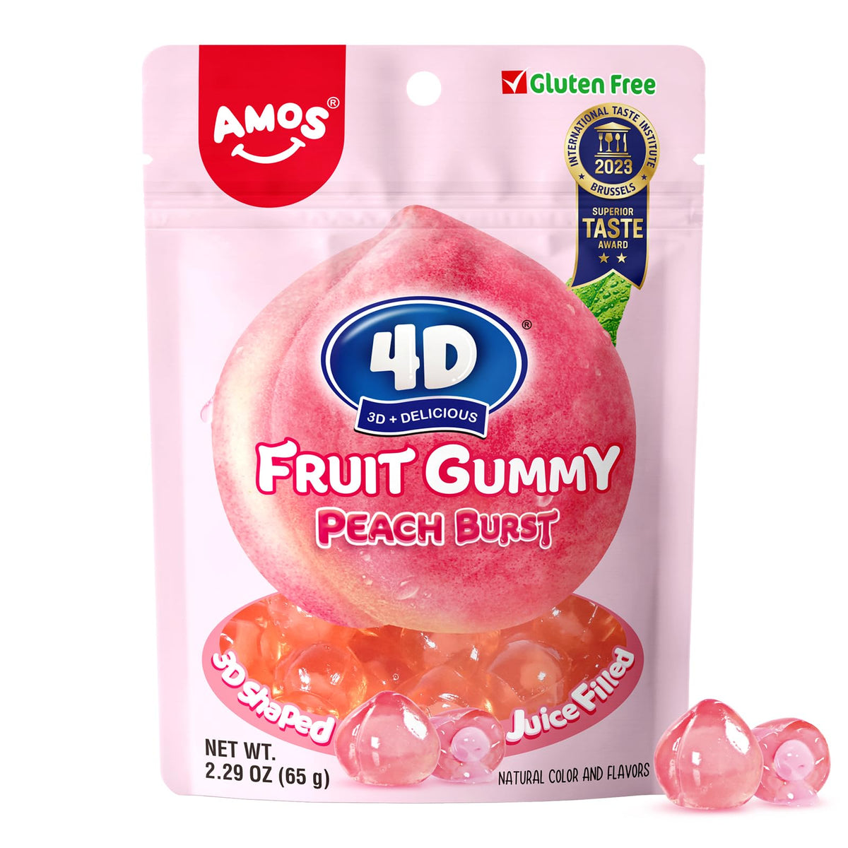 Amos 4D Gummies Pêche Cœur Coulant – Carton x12 – EXODRINKS